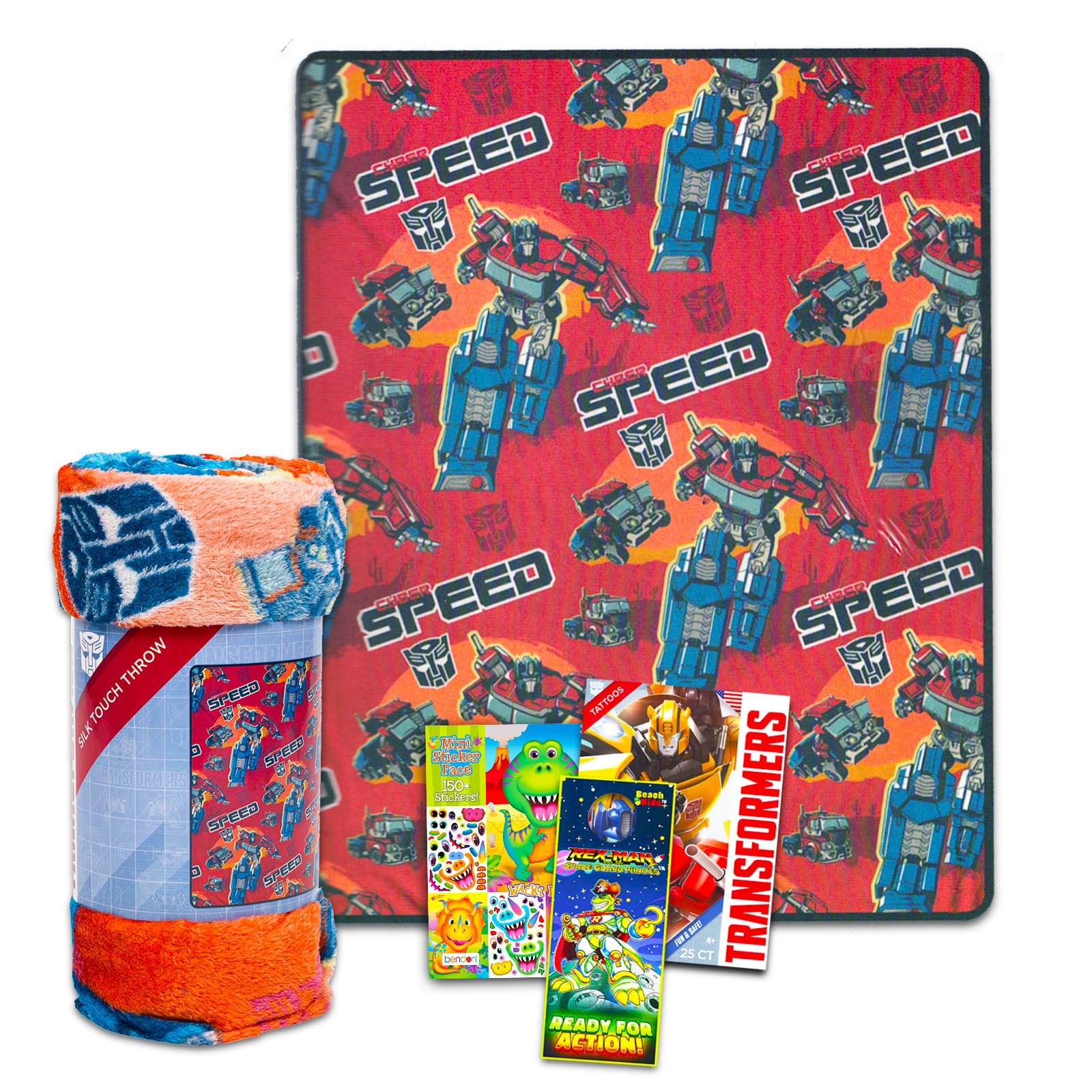 Transformers Throw Blanket Bundle – Transformers Throw Blanket, Tattoos, Wacky Dino Create-A-Face Stickers and More for Boys & Girls (Size 40" x 50")