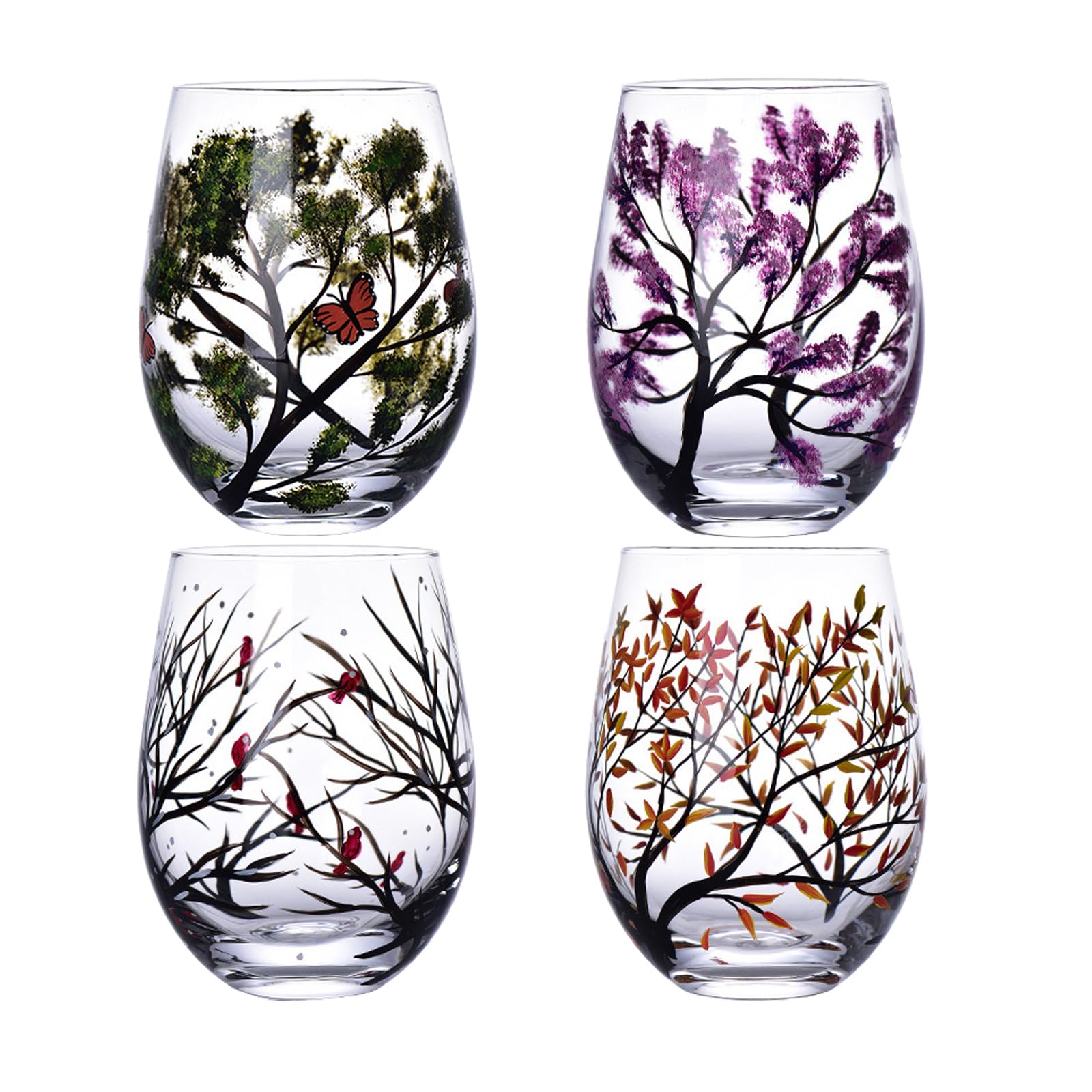 Four Seasons Tree Wine Glasses, Hand Painted Wine Glasses, Unique Anniversary Wedding Christmas Gift (B, L)