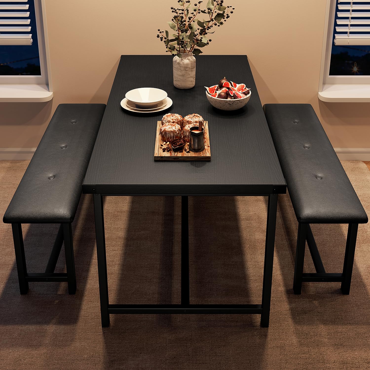 Fancihabor Dining Table Set for 4, Kitchen Table with Benches, Rectangular Dining Room Table Set with Upholstered Benches, 3 Piece Kitchen Table Set for Small Space, Apartment, Rustic Grey
