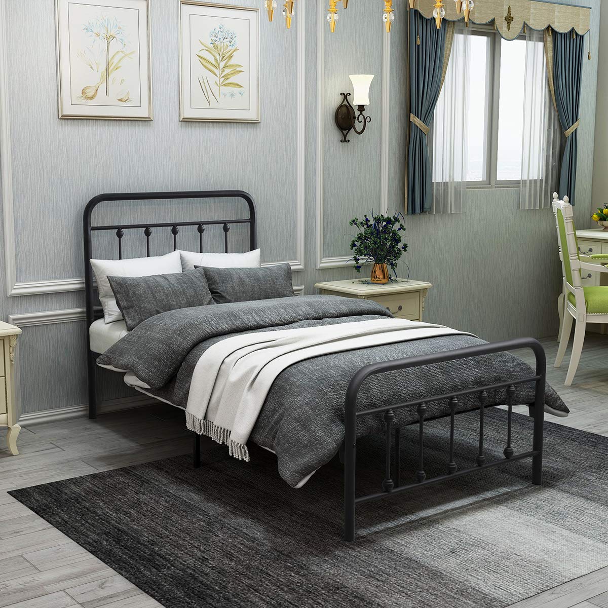 FANYHOME Twin Size Classic Metal Platform Bed Frame Mattress Foundation with Victorian Style Iron-Art Headboard/Footboard/Under Bed Storage/No Box Spring Needed/Black