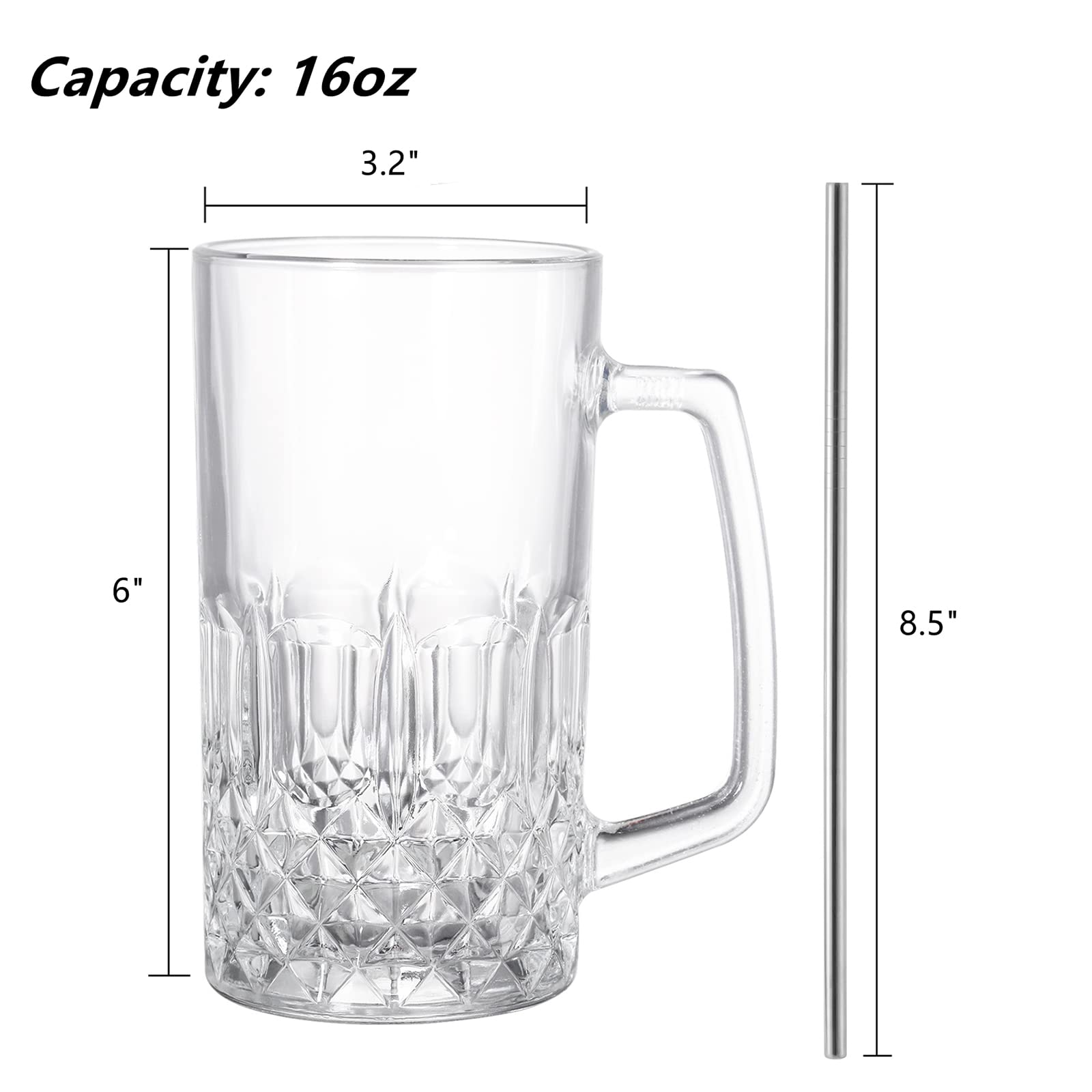 Frcctre 6 Pack 16 Oz Glass Beer Mug, Large Beer Glasses Steins with Handle and Stainless Steel Straws, Crystal Lead-Free Drinking Glasses Water Cups for Beer, Juice, Beverage, Bar