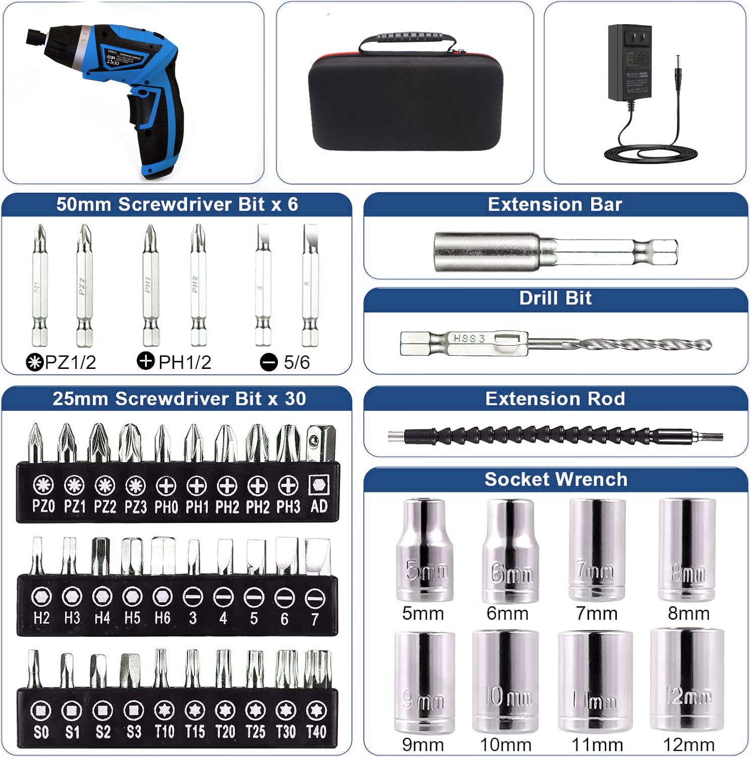 MXMZHXU Cordless Screwdriver, 8V Max 10Nm Electric Power Screwdriver with 47 Accessories, 6+1 Torque, Pivoting Handle, 2000mah Rechargeable Screw Gun & Bit Set with LED Light, Flexible Shaft