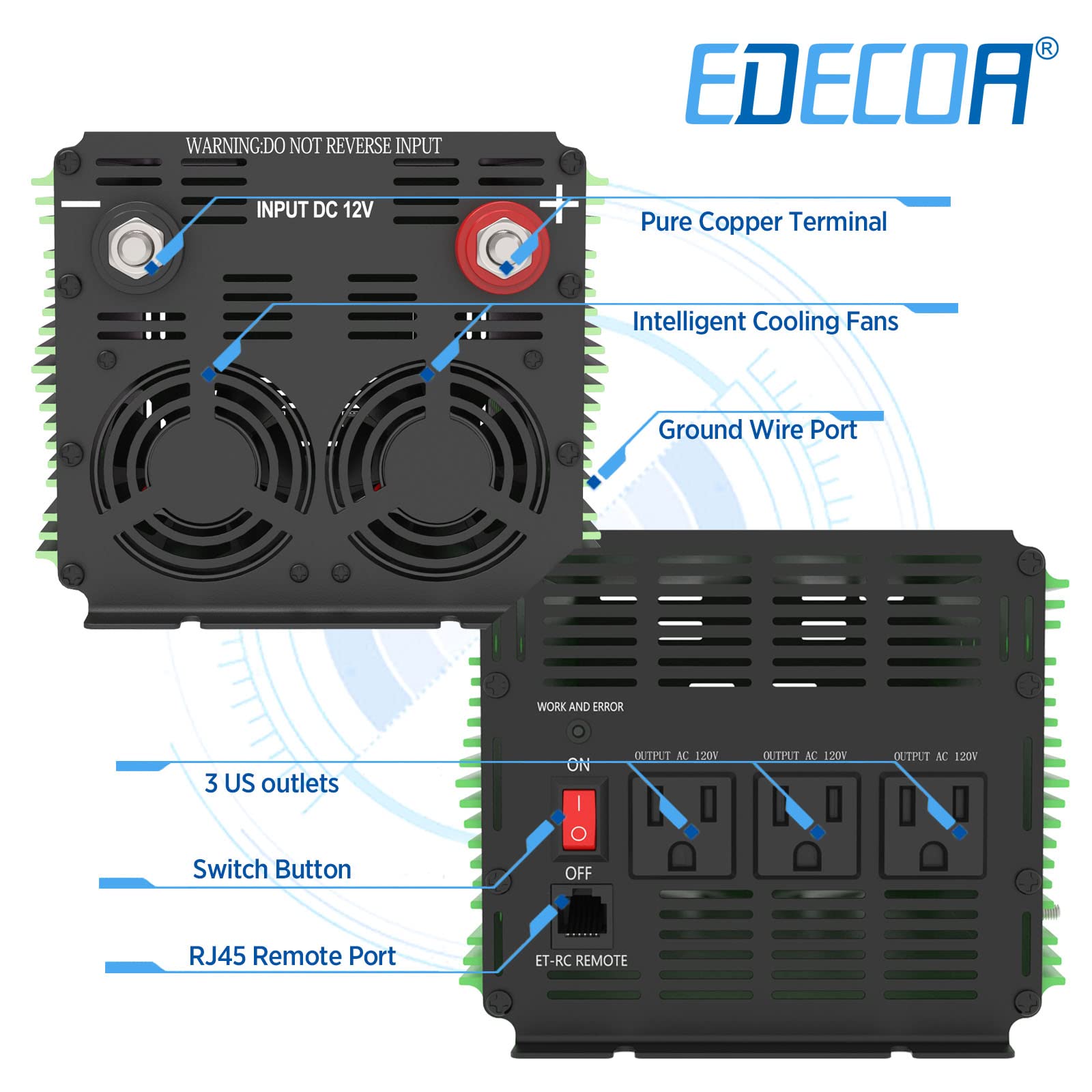 EDECOA 24V 2000W Pure Sine Wave Power Inverter DC 24V to AC 120V 110V with LCD Display and Remote Controller for RV Truck Boat