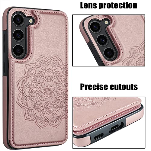 MMHUO for Samsung Galaxy S23 Case with Card Holder,Flower Magnetic Back Flip Case for Samsung Galaxy S23 Wallet Case for Women,Protective Case Phone Case for Samsung Galaxy S23 5G (2023),Rose Gold