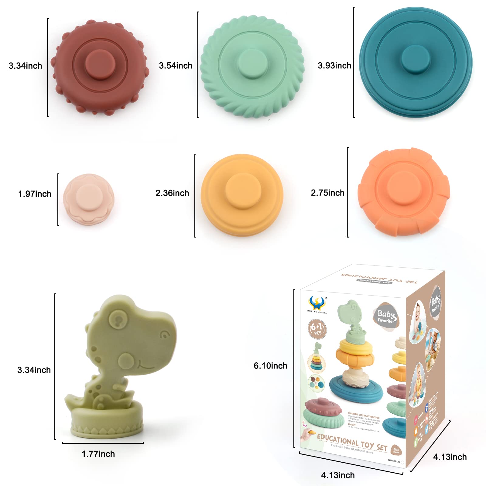 Fuwane 7Pcs Dinosaur Baby Stacking Toys, Nesting Circle Toy Building Rings Stacker & Teethers Squeeze Play with Early Educational Toy Baby Essentials for 6 9 12 15 18 Months Newborn Toddler
