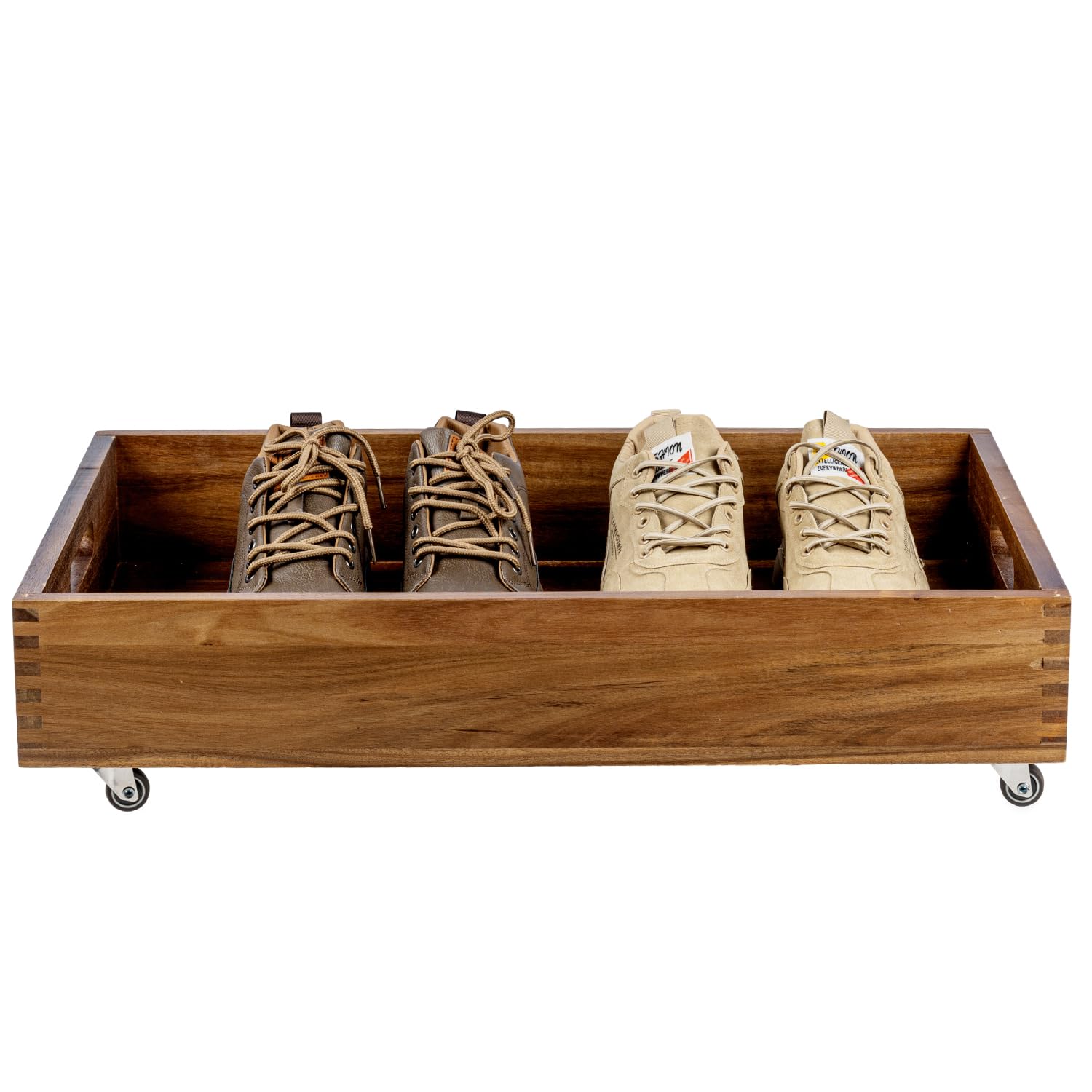 MyGift 24 Inch Premium Acacia Solid Wood Under Bed Storage Cart with Rotating Wheels, Wooden Box Joint Corner Rolling Underbed Bin Tray Space Saving Bedroom Organizer