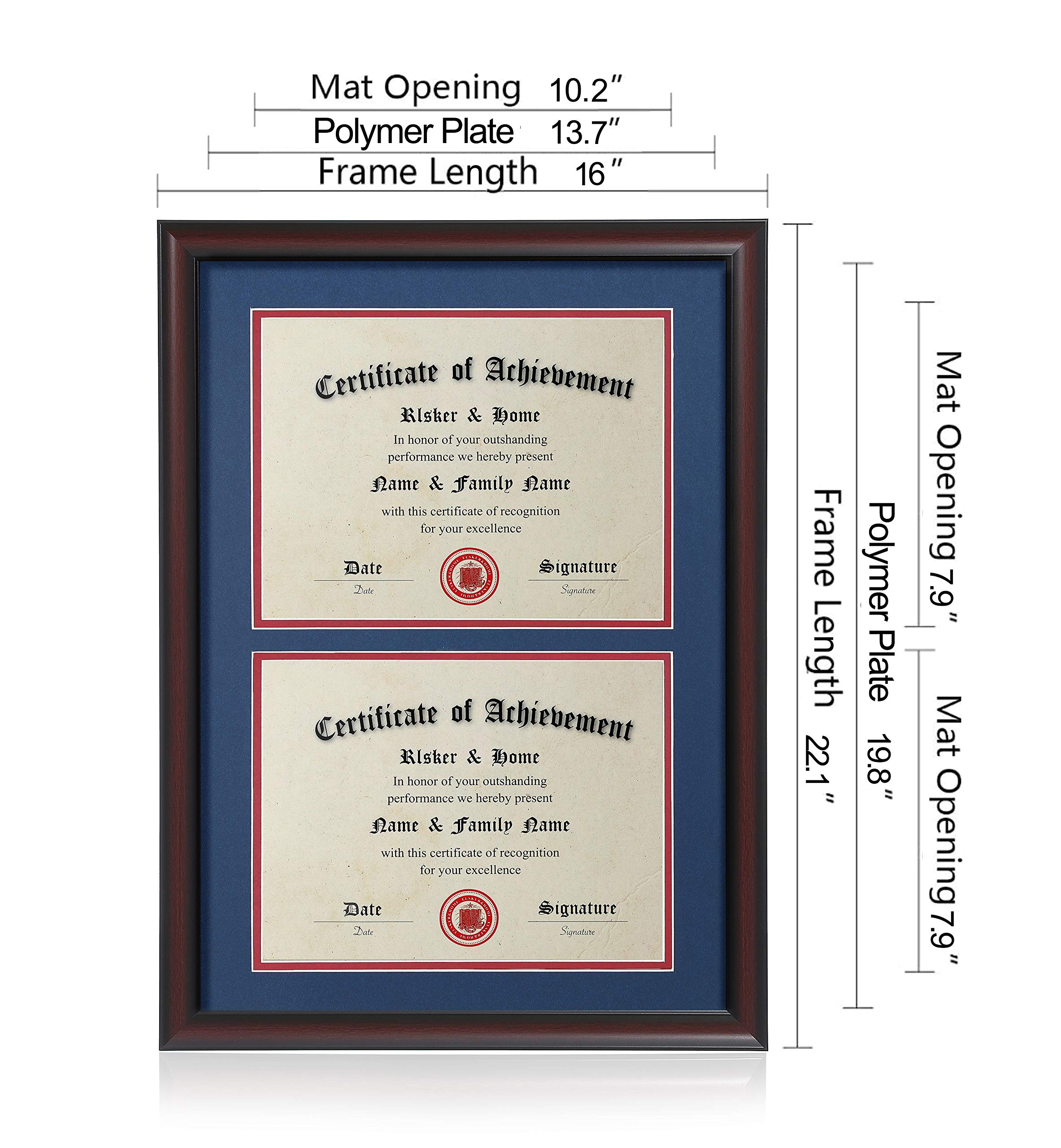 ELSKER&HOME Double Certificate Frame-Cherry Wood Color - 2.0mm Panels-Made for Document&Diploma for Two 8.5x11 Inch with Mat and 14x20 Inch Without Mat(Double Mat,Navy with Red Rim)