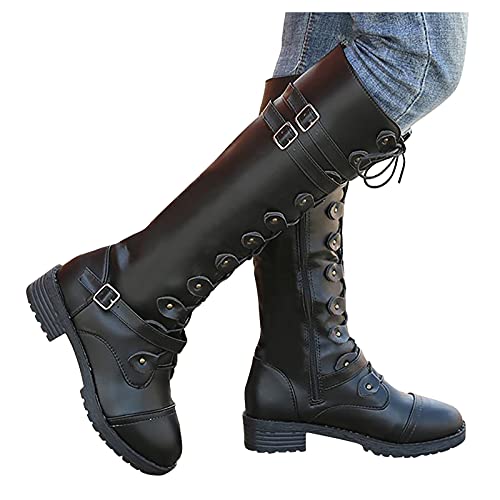 FASDNENDYS Knee High Boots for Women Boots Buckle Toe Lace Decor Shoes Ladies Squared Large Calf Knee Boots Black