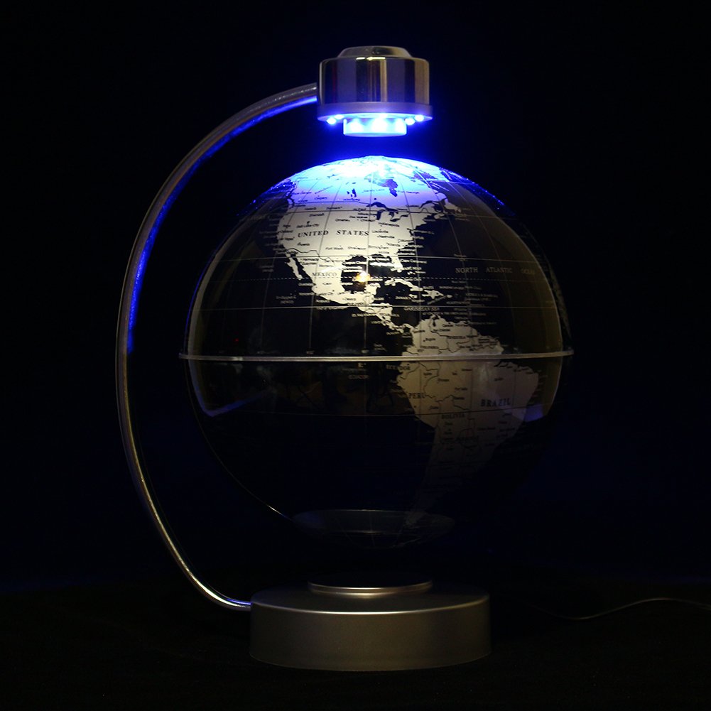 Floating Globe, Office Desk Display Magnetic Levitating and Rotating Planet Earth Globe Ball with World Map, Cool and Educational Gift Idea for Him - 8” Ball with Levitation Stand (Black2)