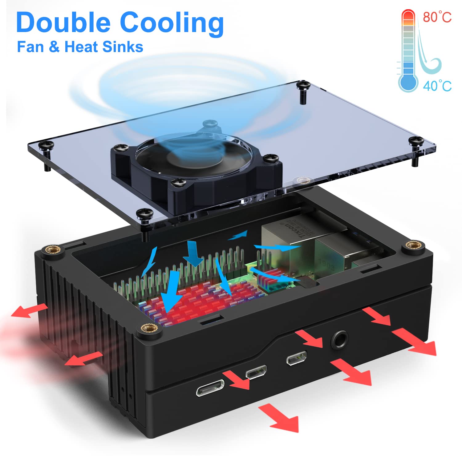 Miuzei Case for Raspberry Pi 4, Raspberry Pi 4b Case with Fan 35mm, 5V 3A USB-C On/Off Switch Power Supply, 4 Pcs Heatsinks for Raspberry Pi 4 Model B 8gb / 4gb / 2gb