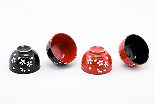 Hinomaru Collection Japanese Traditional Ceramic Rice Bowl Set of 4 Red and Black Cherry Blossom Sakura Decorative Gift Pack Multi Purpose Attractive Design