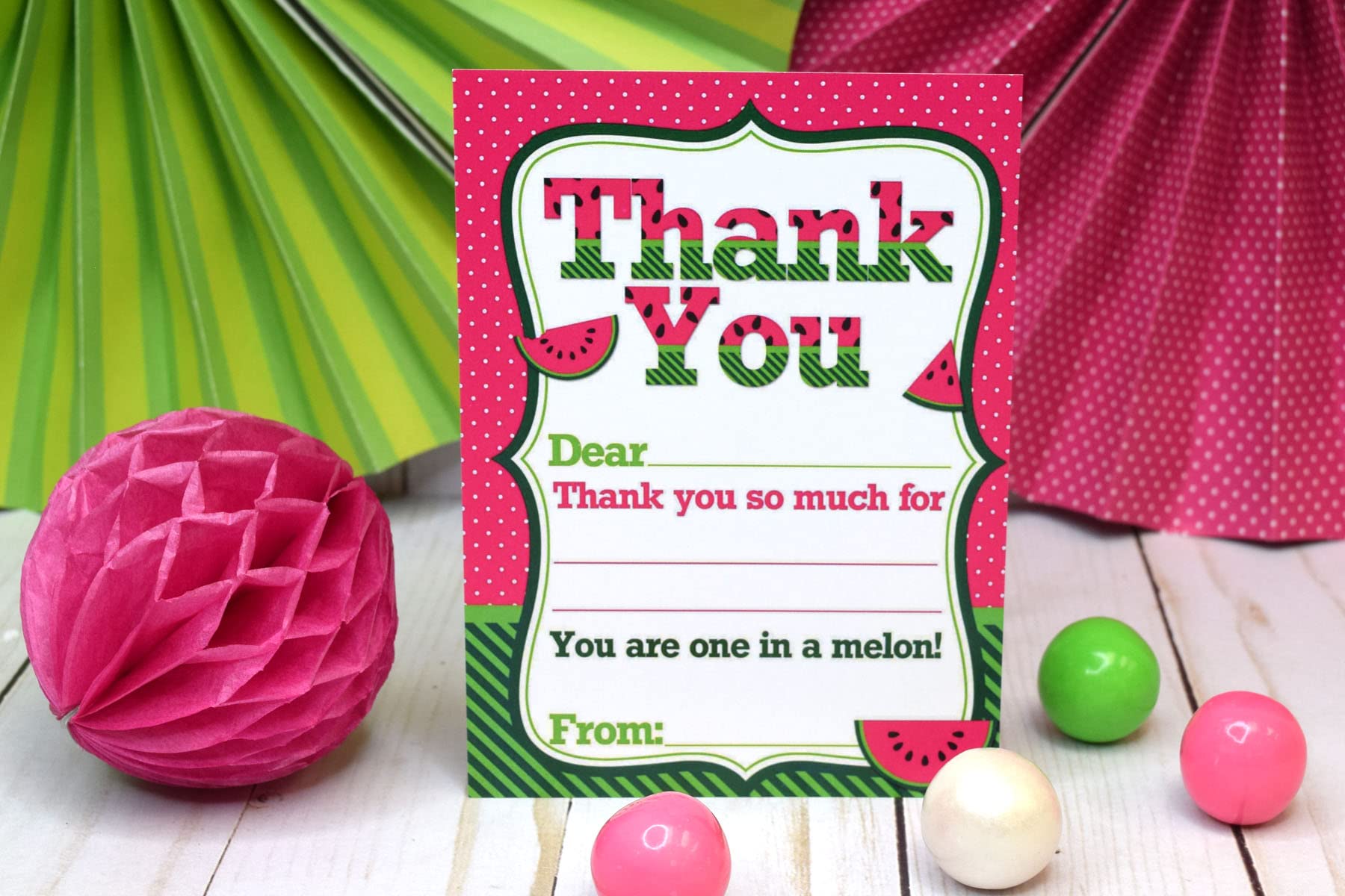 Pink Watermelon Sweet Celebration Birthday Thank You Notes, Ten 4" x 5.5" Fill In The Blank Cards with 10 White Envelopes by AmandaCreation