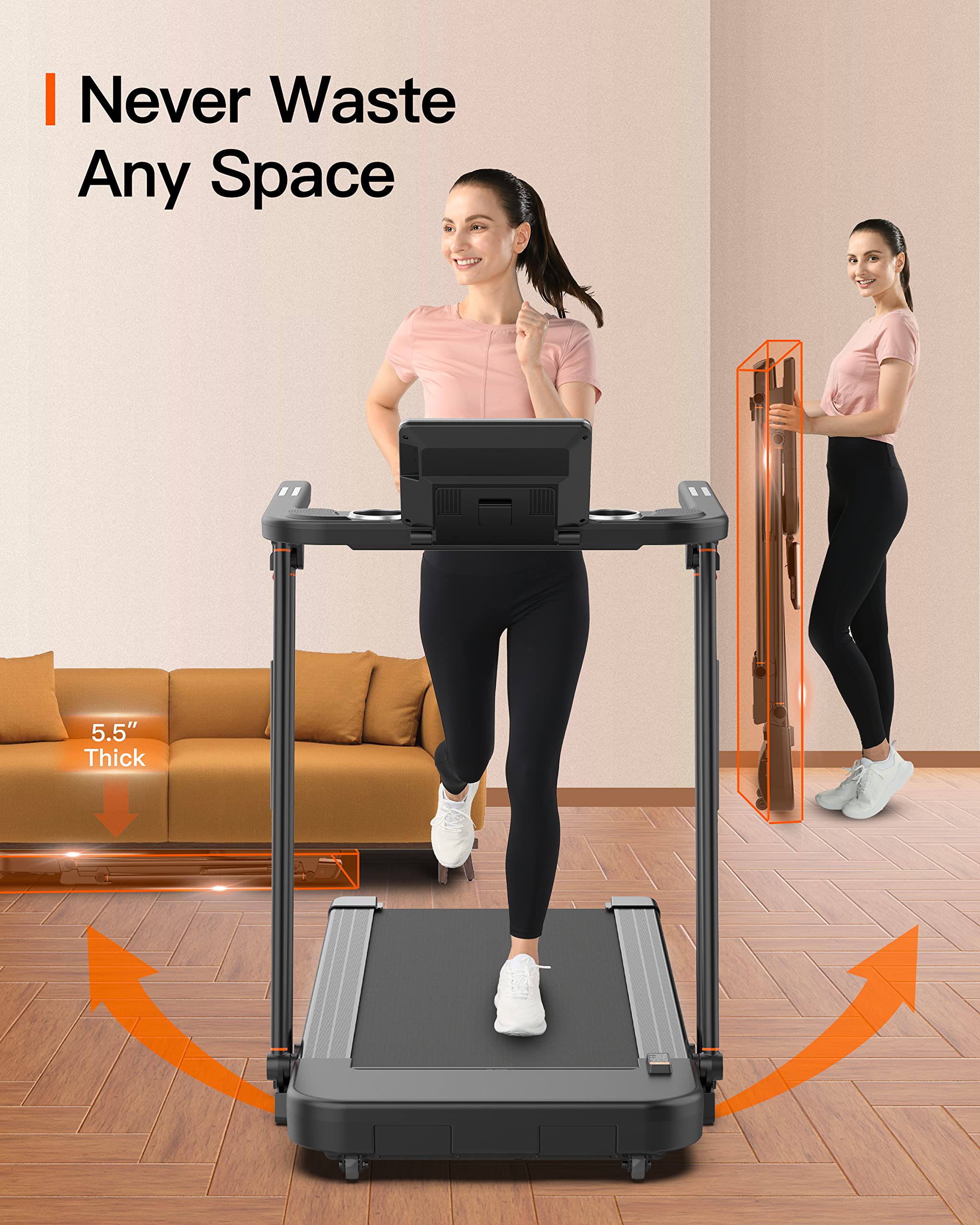 Folding Treadmill TODO 2.25HP Walking Running Portable Machine for Home and Office Install Free 265 lbs Capacity with Bluetooth Speaker