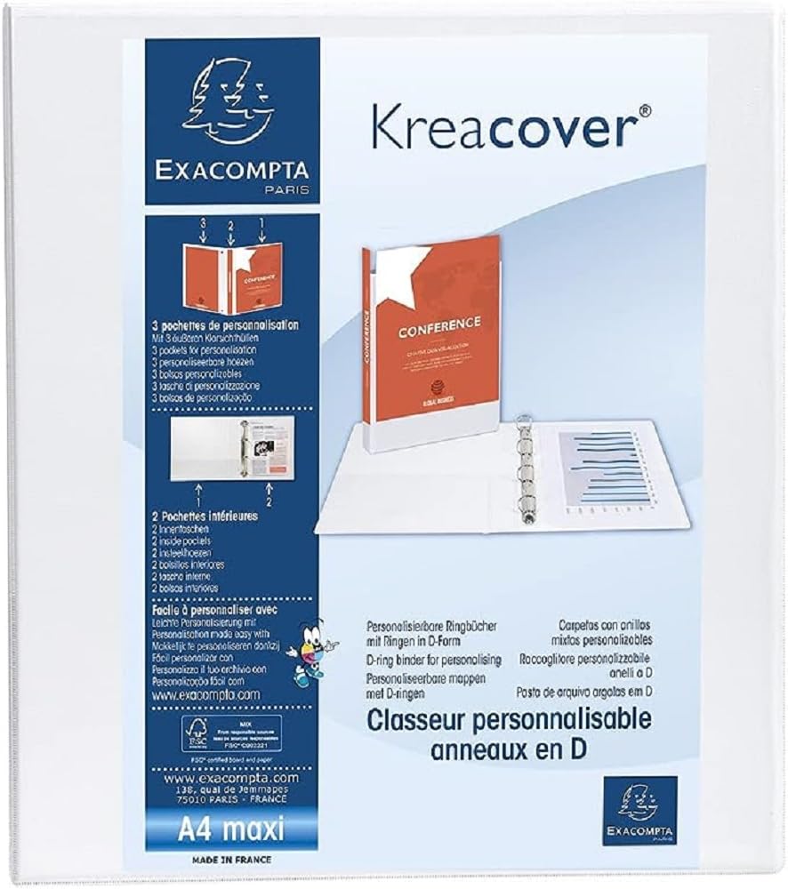 Exacompta Kreacover PP Ring Binder, A4, 4 D-Rings, 75mm Spine - White