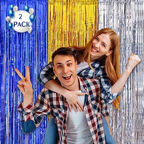 LOLStar 2 Pack Navy Blue Gold and Silver Party Decorations 3.3X6.6 ft Each Foil Fringe Tinsel Curtains Backdrop, Streamers - Perfect for Birthdays, Showers, Retirement, Graduations, Weddings