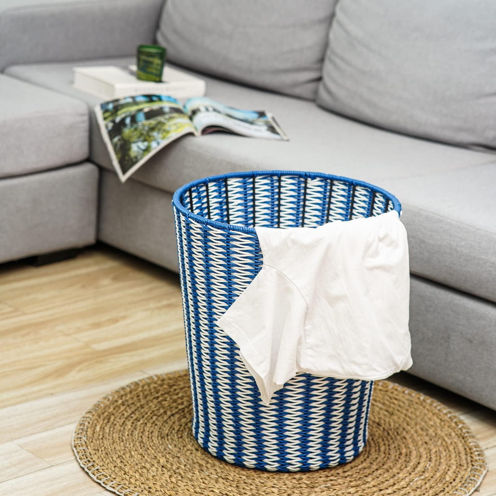 DUSVALLY Wicker Stool for Patio & Garden, Decorative Outdoor Woven Wicker Accent Side Table Storage Stool Basket, 18" H Ottoman Footstool for Bedroom Balcony Deck Seat Furniture, Blue
