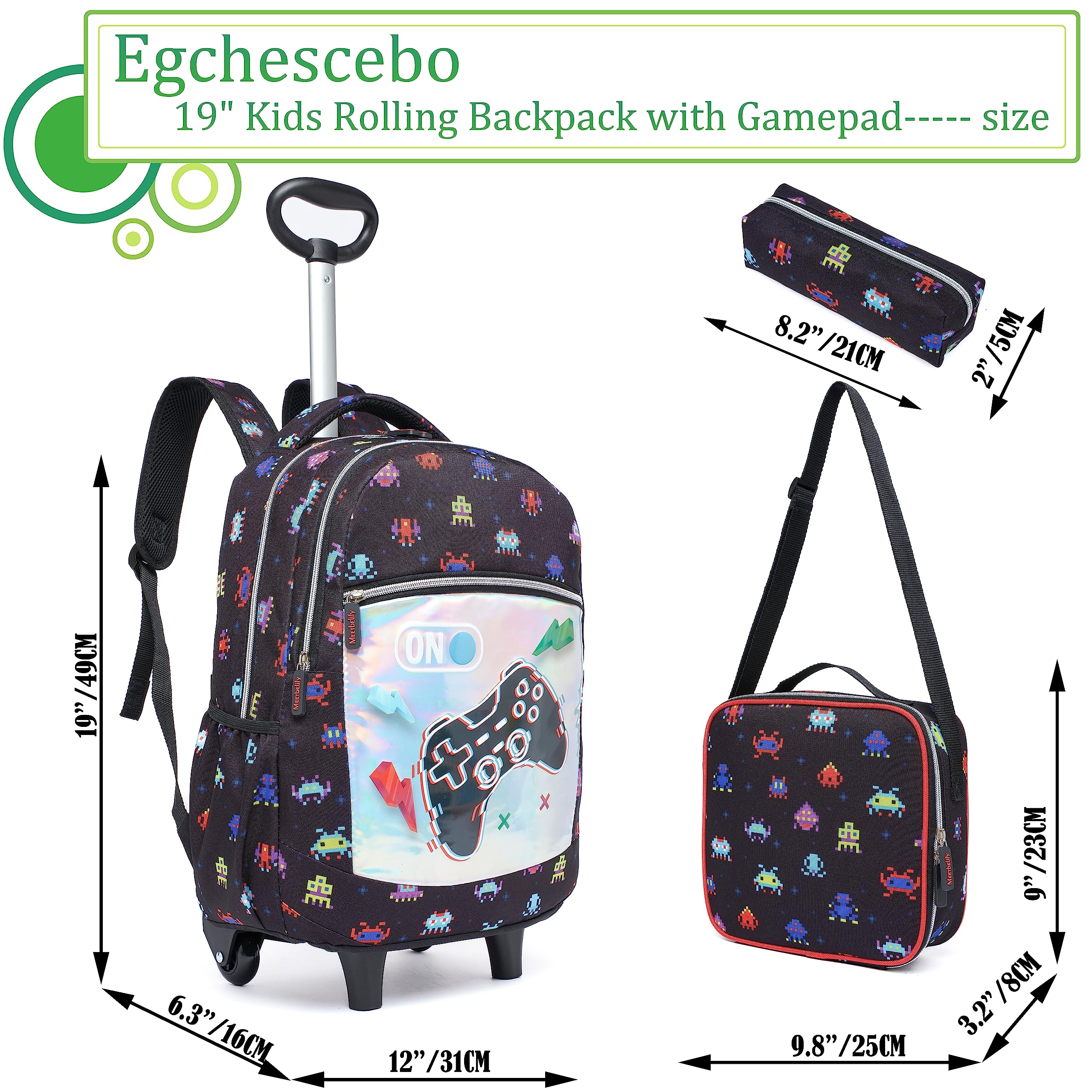 Egchescebo Kids Rolling Backpack for Boys Suitcases Backpacks 18" 3PCS Travel Luggage Roller Backpacks Wheels with Lunch Box Pencil Case for Elementary Trolley School Bag with Gamepad Dark Blue