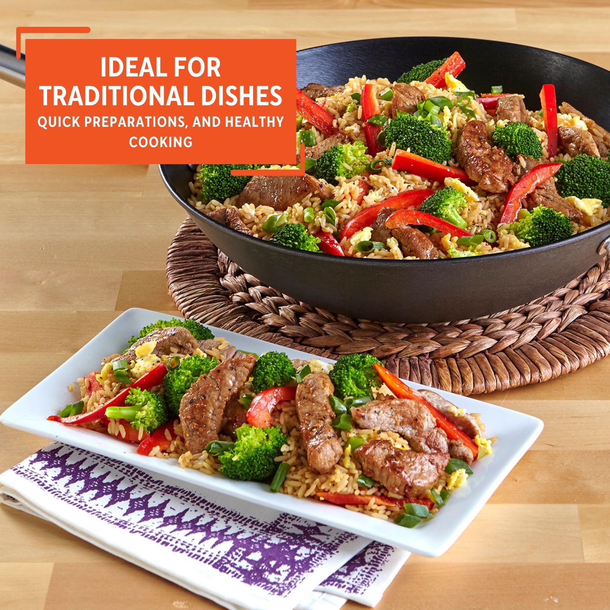 Imusa LCI-19008 Light Cast Iron Wok Pre-Seasoned Non-Stick with Stainless Steel Handles, 14", Black