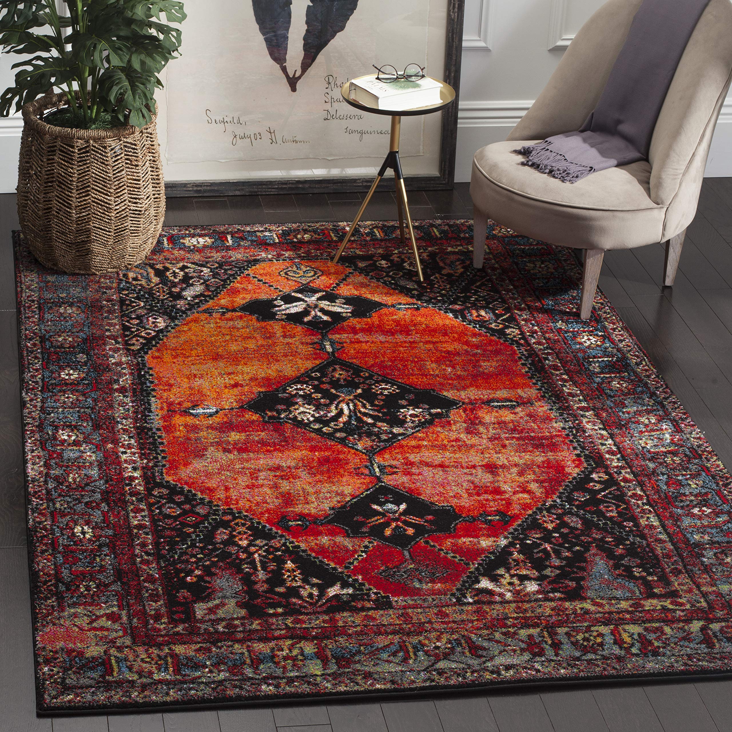SAFAVIEH Vintage Hamadan Collection Area Rug - 6'7" x 9', Orange & Multi, Oriental Traditional Persian Design, Non-Shedding & Easy Care, Ideal for High Traffic Areas in Living Room, Bedroom (VTH217B)