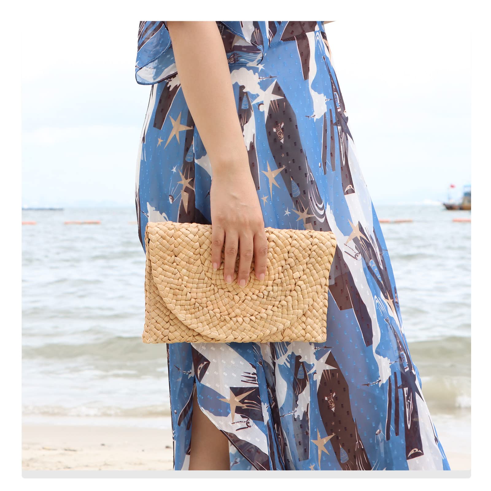 Freie Liebe Straw Clutch Bag for Women Summer Clutch Purses Beach Envelope Woven Handbags with 5PCS Earrings