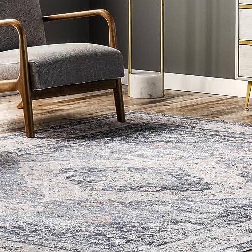 nuLOOM Elsa Floral Blossom Machine Washable Ultra Thin Area Rug, 8' x 10', Blue