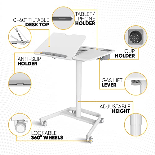Mobile Adjustable Height Standing Desk - Rolling Laptop Desk Pneumatic Height Adjustable - Portable Workstation Computer Table Stand - Mini Standing Desk for Small Office Spaces