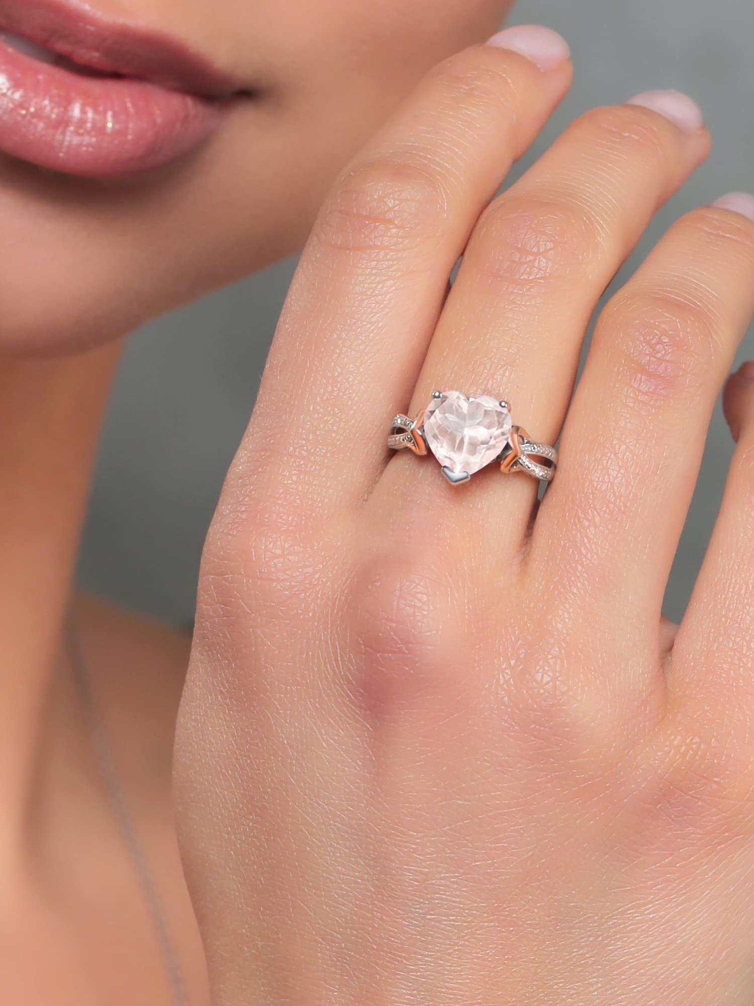 Gem Stone King 925 Sterling Silver and 10K Yellow Gold 10MM Heart Shape Rose Quartz Ring For Women (3.22 Cttw, Available In Size 5, 6, 7, 8, 9)