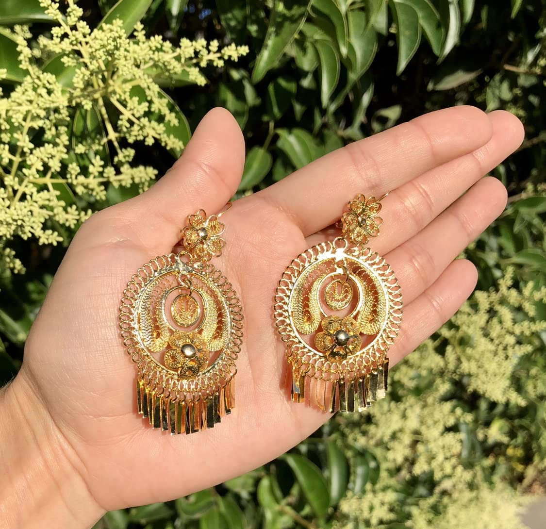 Folklorico Dance Traditional Mexican Gold Filigree Earrings, Flower, Medium, Gold, Day of the Dead, Mexican Earrings