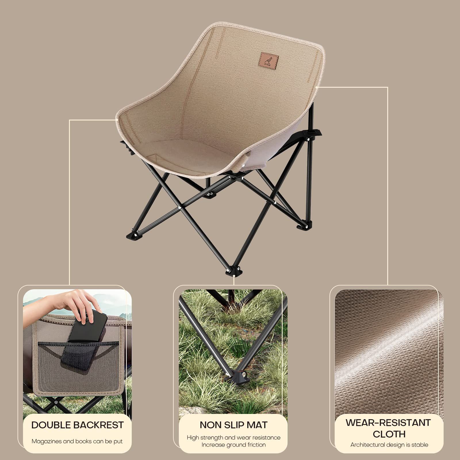 HAUESSRIO Folding Camping Chairs for Adults Heavy People Comfort Sturdy Widen Thickened(Khaki)