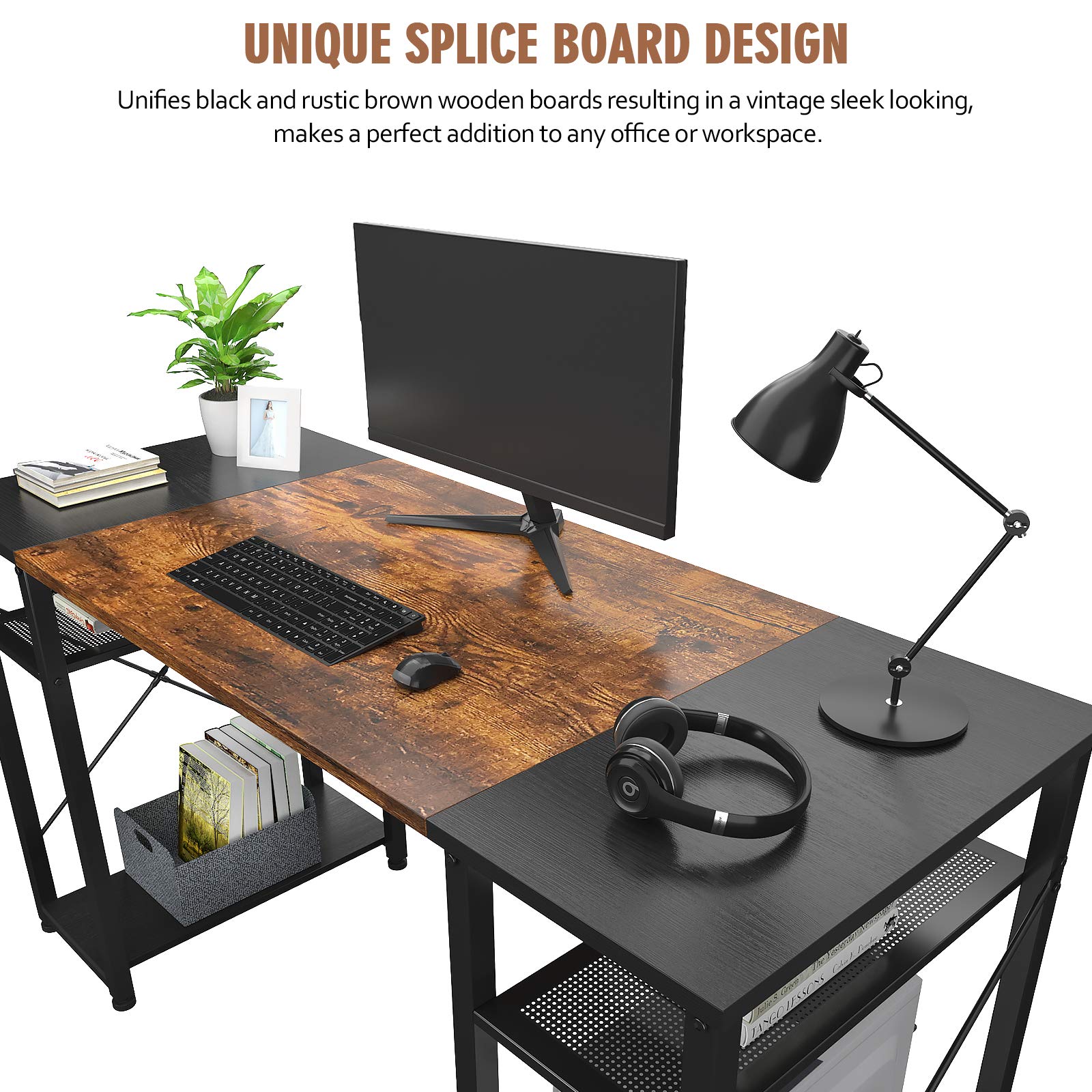 Foxemart Computer Desk 47" Office Desk with Storage Shelves, Industrial Student Study Writing Desk, Modern Work Desk for Home Office, Small Desk Gaming PC Table Workstation, Rustic and Black