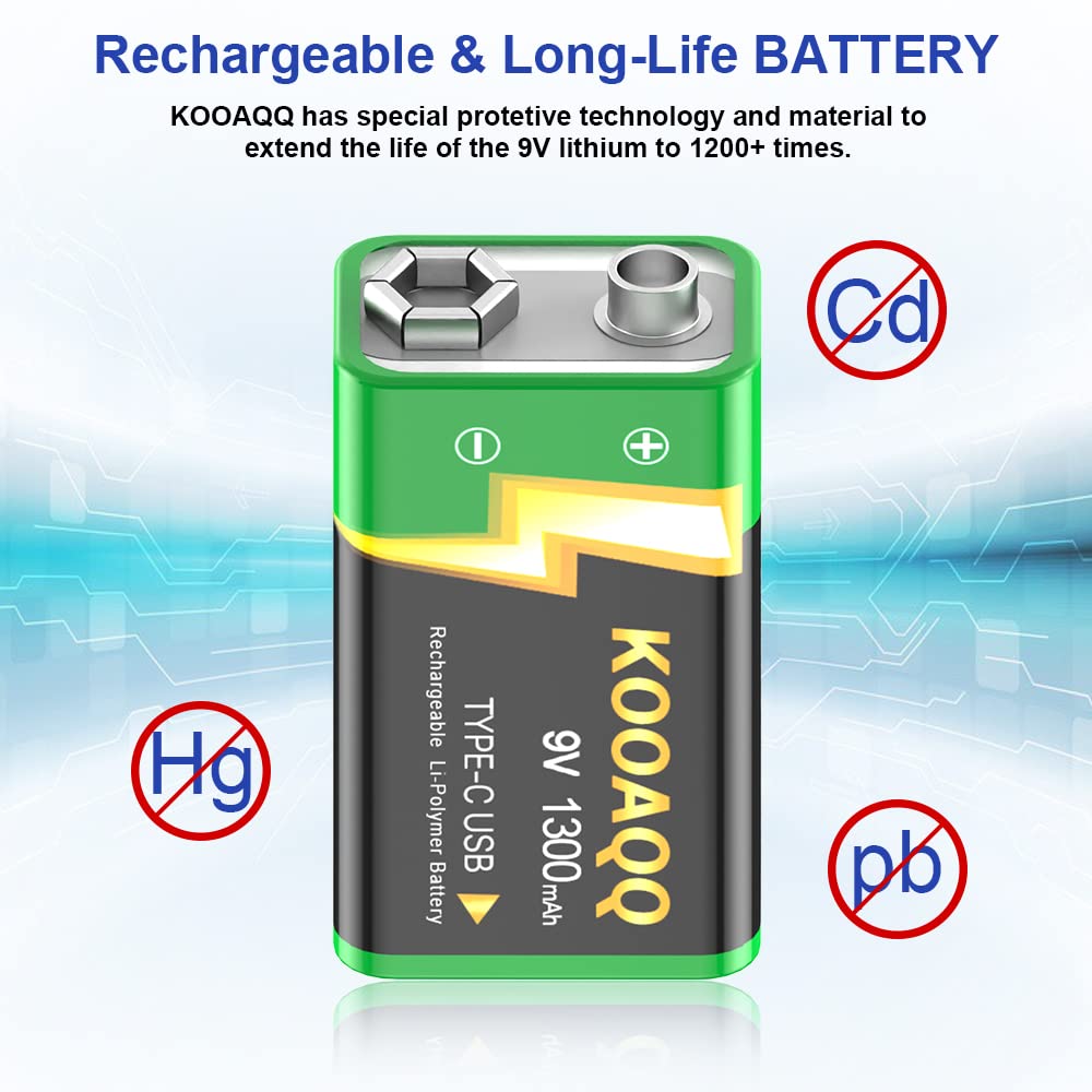 KOOAQQ 9V Lithium Battery, High Capacity 1300mAh, with 2 in 1 USB-C Charging Cable,Rechargeable 9 Volt Square Batteries for Smoke Detector/Alarms,Wireless Microphones,Metal Detector (2 Count 9V 1300)