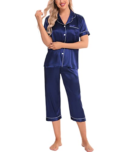 SWOMOG Satin Pajama Set Women Silk Pjs Set Short Sleeve 2 Piece Button Down Sleepwear Lounge Sets Navy Blue
