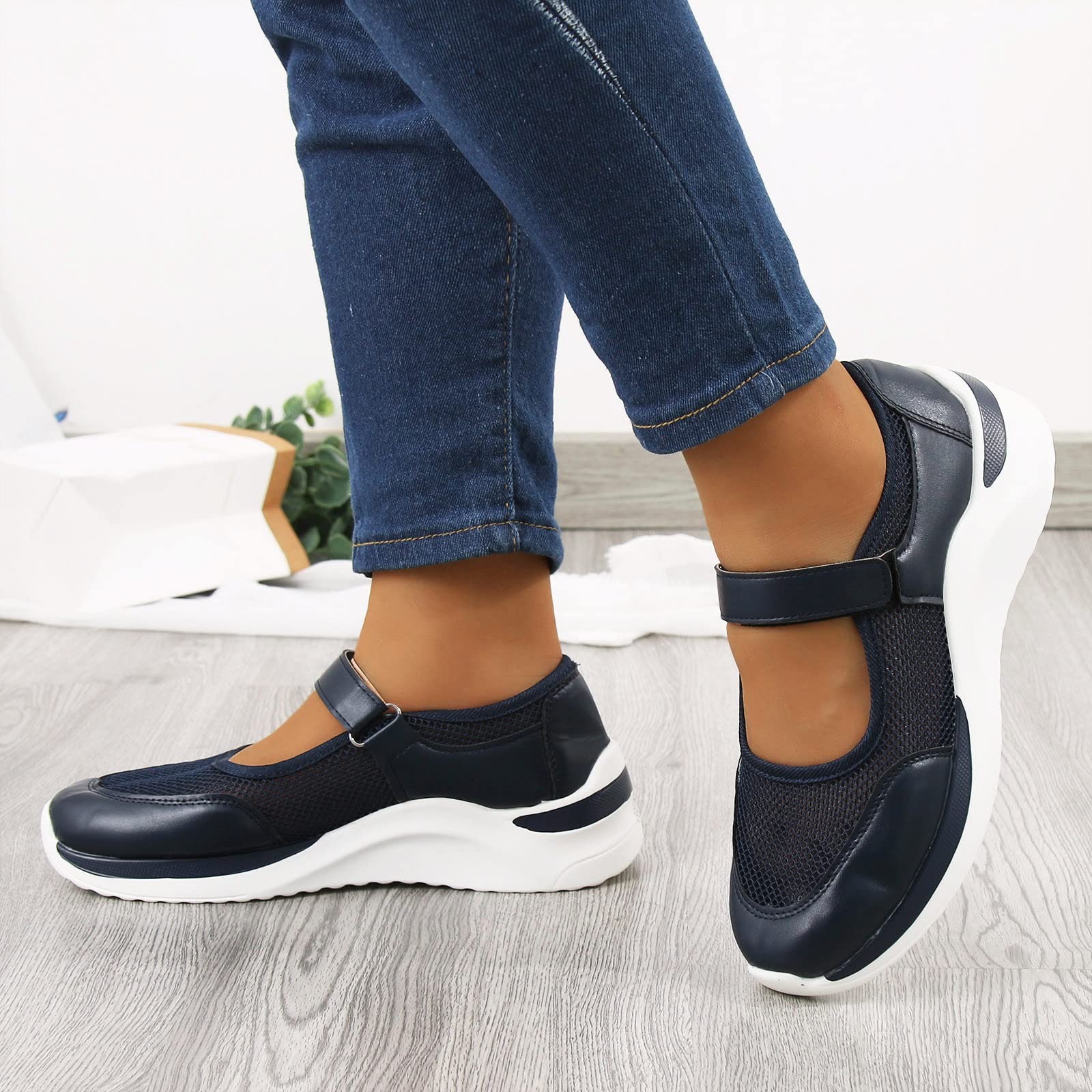FASDNENDYS Ladies Fashion Colorblock Mesh Breathable Hook Loop Comfortable Platform Quick Dry Hiking Shoe Dark Blue