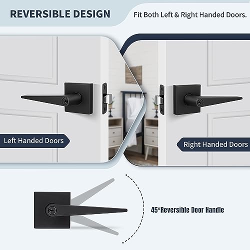 LOQRON Heavy Duty Entrance Door Lever Keyed Entry Door Handle with Lock and Keys Reversible for Matte Black Handle for Bedroom, Office or Front Door