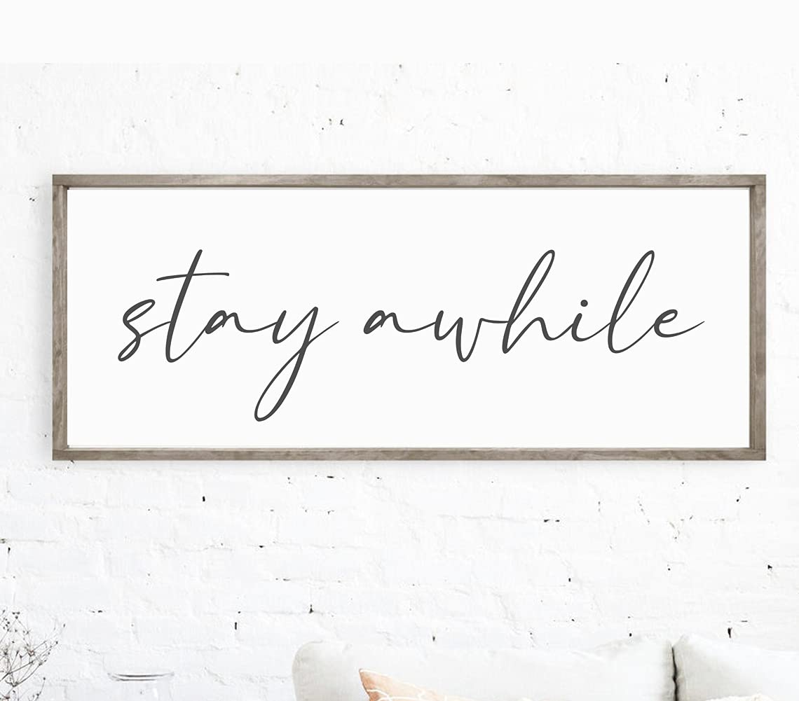 Farm Sign Stay Awhile Art Wood Framed Rustic Farmhouse Sign Wall Art Farmhouse Distressed Sothern Charm Home Decor 10" x 25"