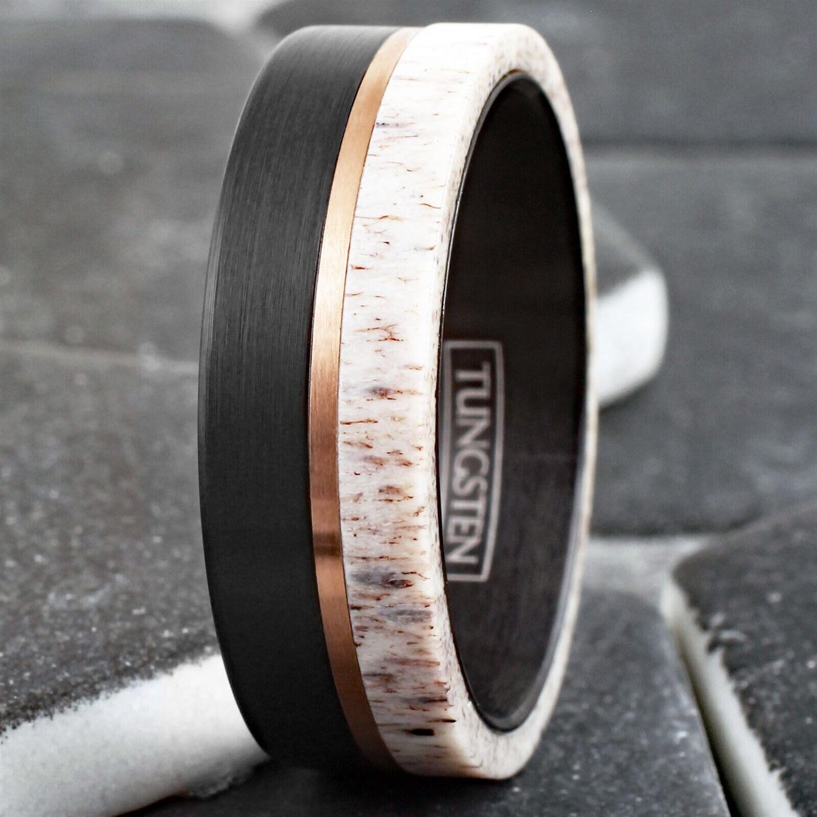 Exquisite 8mm Brushed Finish Black Tungsten Carbide Flat Band Ring with Rose Gold Stripe and Raw Speckled White Deer Antler Inlay. (Tungsten (8mm), 10)
