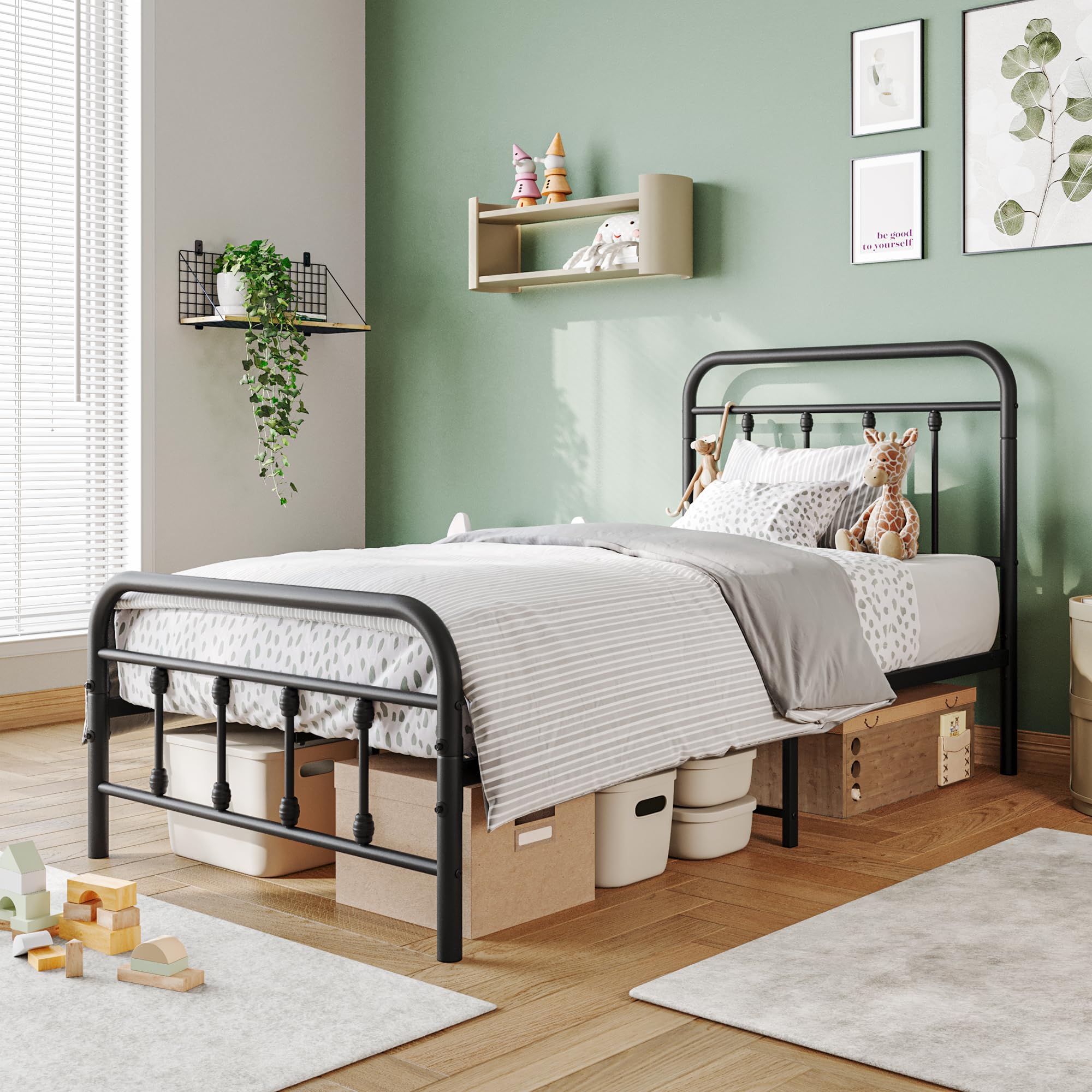 Elegant Home Products King Bed Frame with Headboard and Footboard,Metal Platform Bed Frame King Size,No Box Spring Needed,Mattress Foundation,Sturdy Steel Slat Support,Easy Assembly,Black