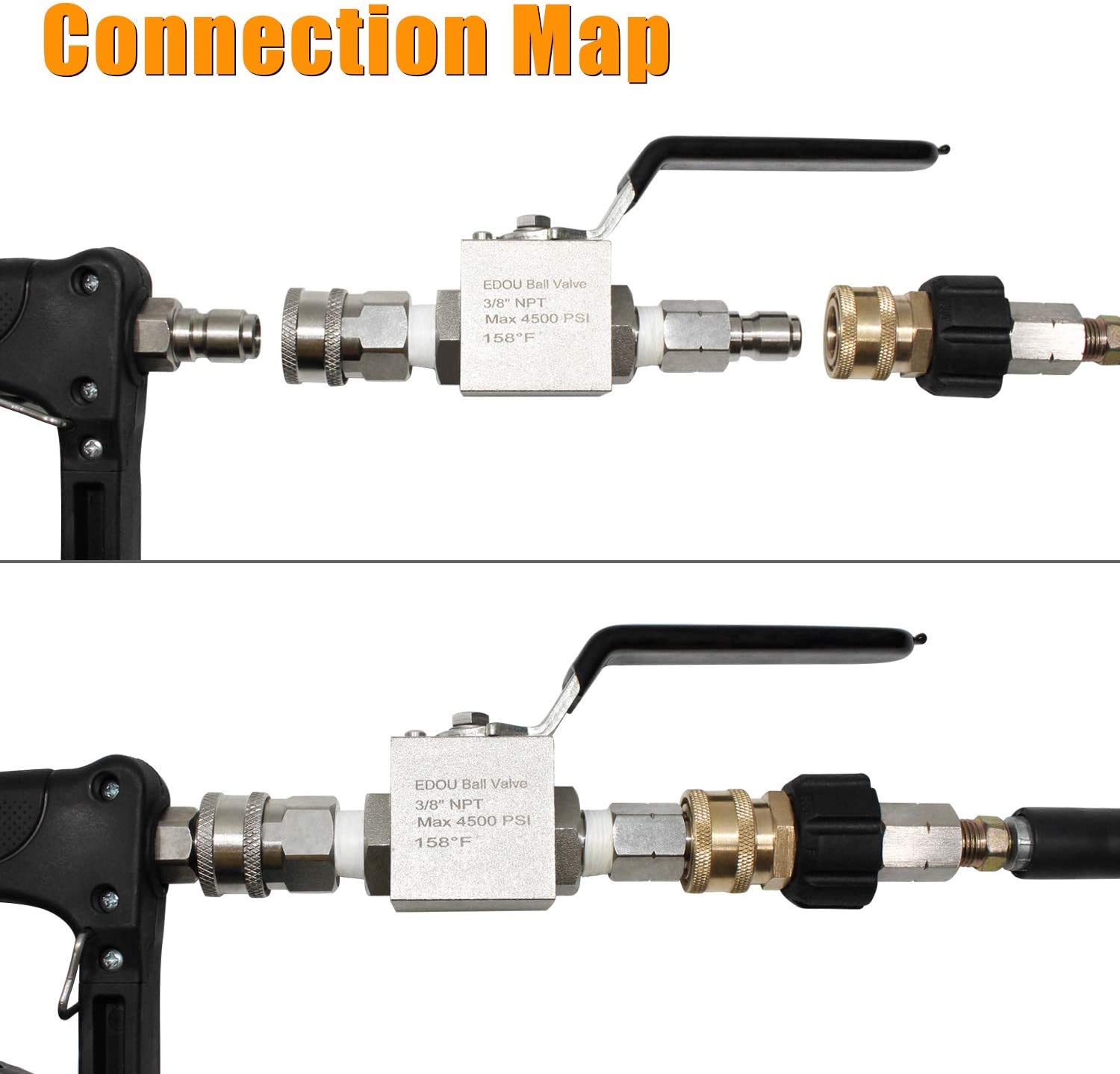 EDOU DIRECT Ball Valve for High Pressure Washer Hose Kit | 3/8" Male Plug X 3/8" Female Quick Connect | 4,500 PSI Max Working Pressure | Includes replacement Quick Connect and Teflon Tape