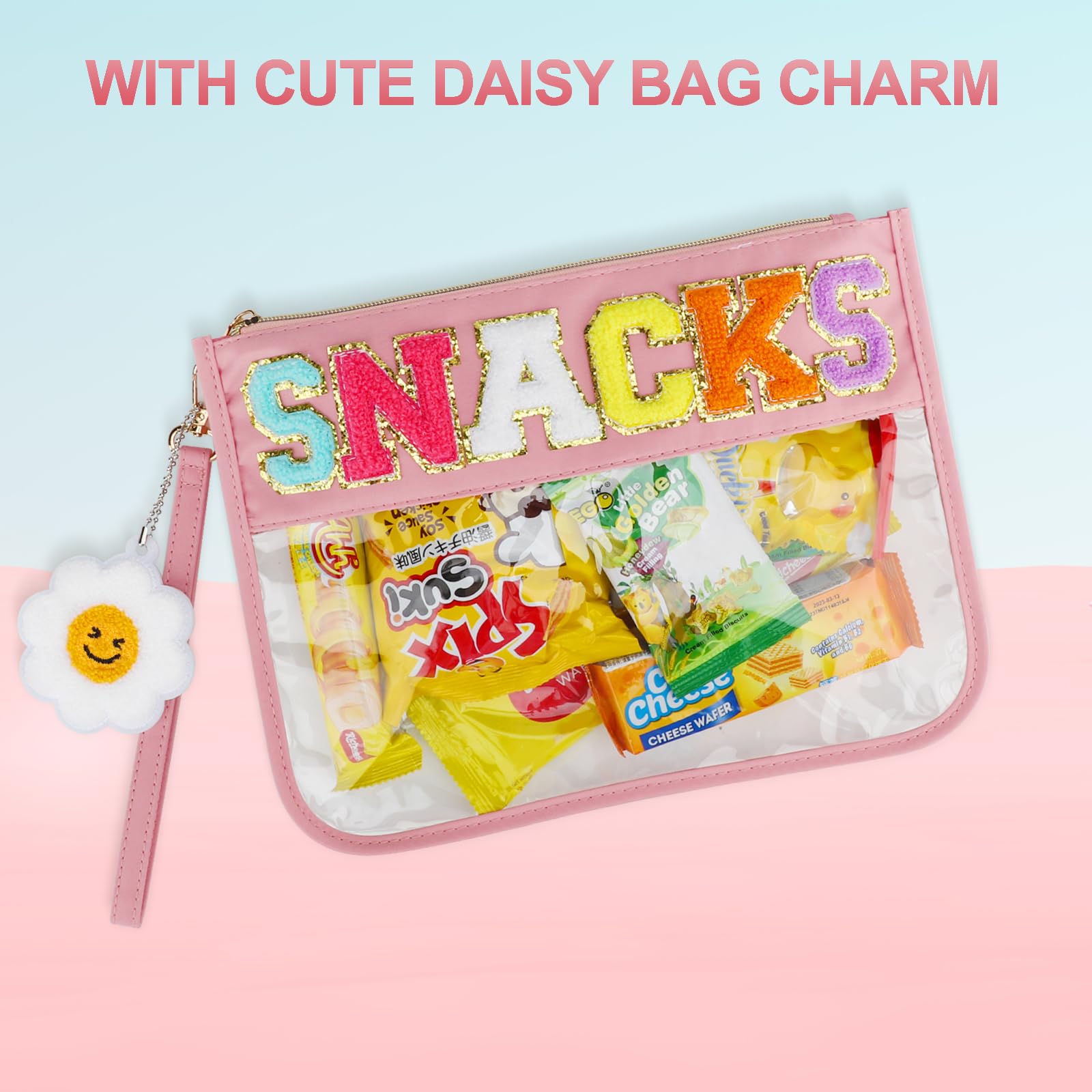 EYEDESL Chenille Letter Bags,Clear Snack Bag Pouch with Chenille Daisy Charm for Women Girls