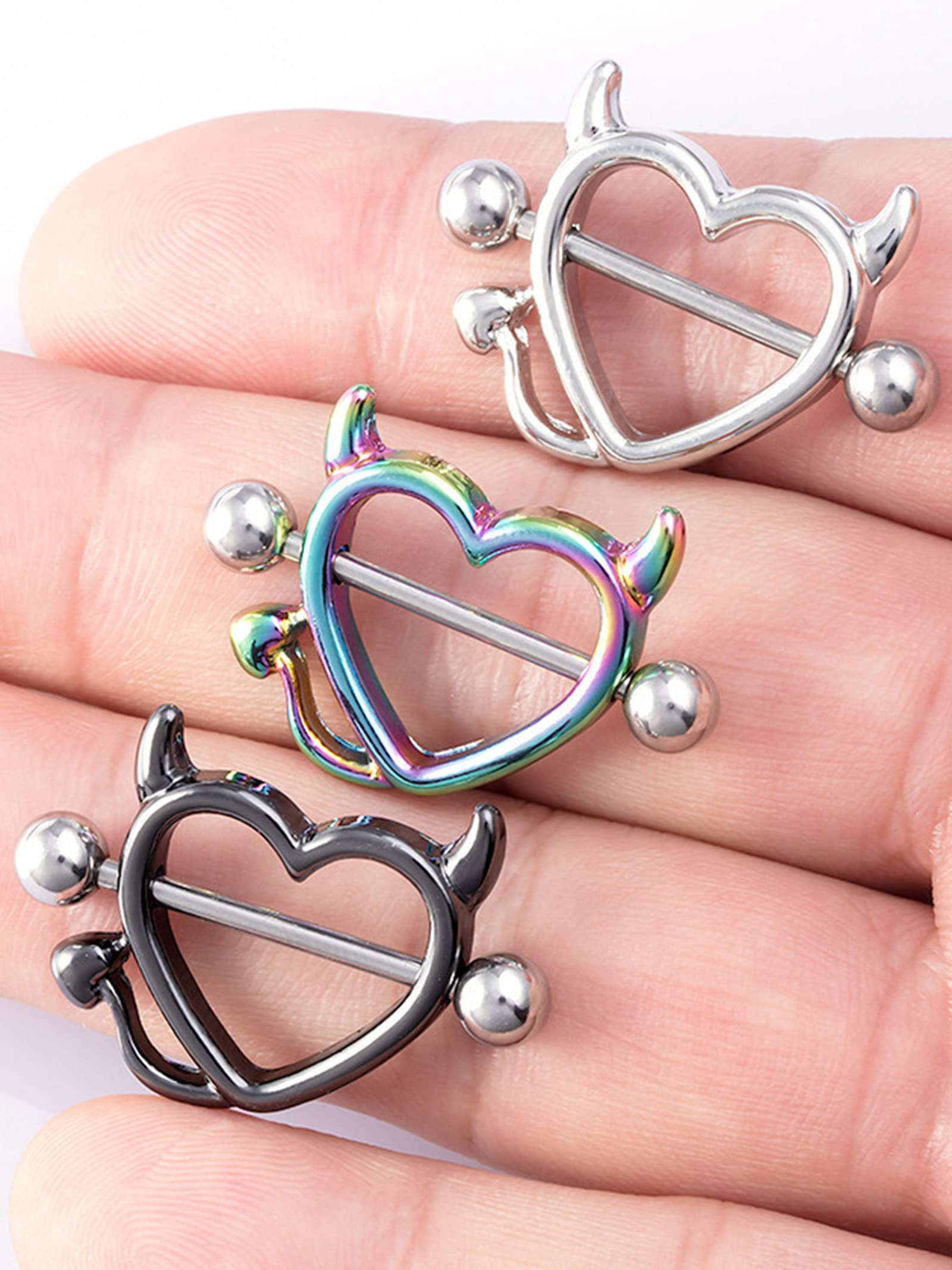 Frodete 6 Pcs Devil Nipple Rings Heart Nipple Ring for Women Silver Black Nipple Barbells Nipple Piercing Body Jewelry