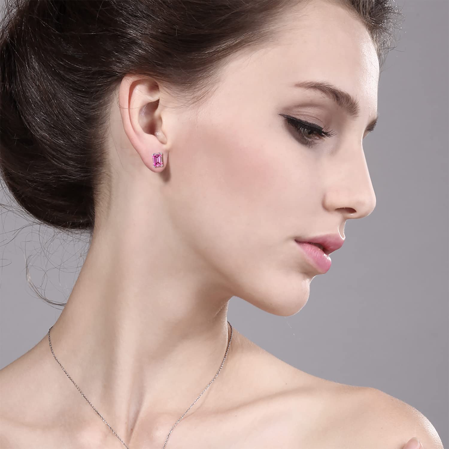 Gem Stone King 925 Sterling Silver Pink Moissanite Stud Earrings For Women (1.14 Cttw, Emerald Cut 6X4MM)
