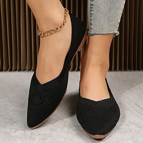 FASDNENDYS Ladies Fashion Solid Color Breathable Knitting Pointed Shallow Flat Casual Shoes Sandals Inside Home Black