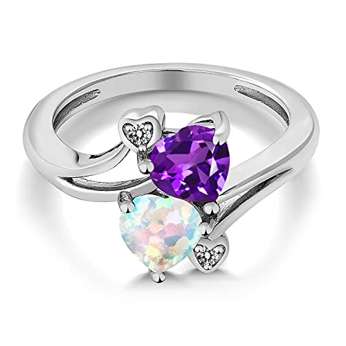 Gem Stone King 925 Sterling Silver Heart Shape Purple Amethyst and White Simulated Opal Diamond Ring For Women (1.58 Cttw, Gemstone Birthstone, Available In Size 5, 6, 7, 8, 9)