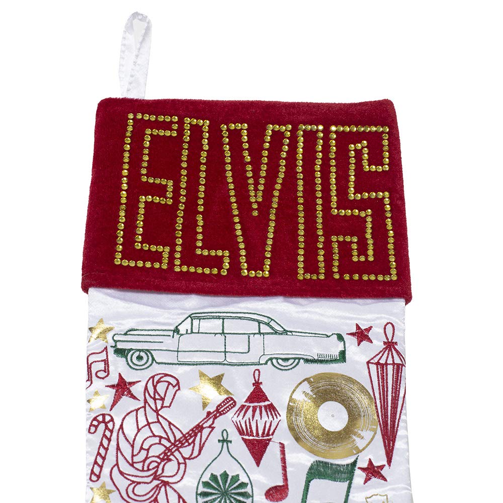 ELVIS 21 Inch Satin Christmas Stocking Decoration - Velvet Cuff With Gold Embroidered Lettering (Red)