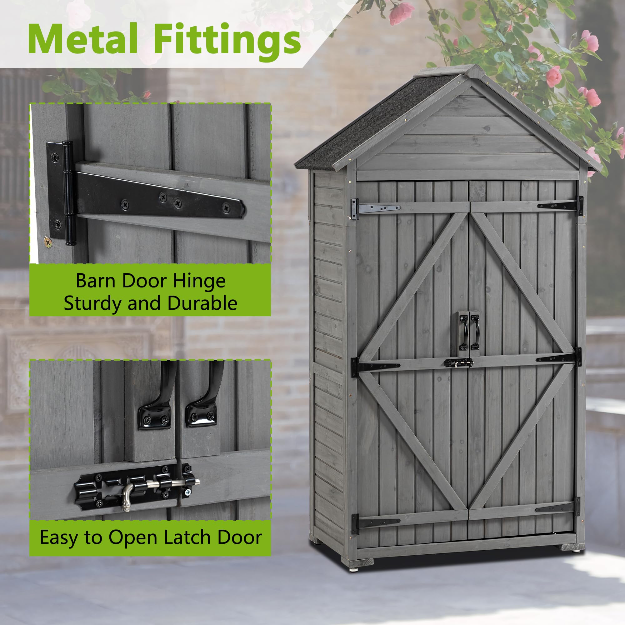 Miscoos Outdoor Wood Storage Shed, Vertical Garden Shed Closet with Lockable Doors, Outside Tool Shed Storage Cabinet with Floor,Detachable Shelves,Pitch Roof for Poolside Backyard Porch