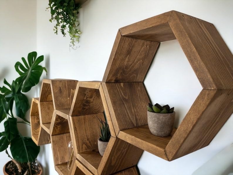 MUOSI Hexagon Shelves, Plant Shelves, Wide Hexagons Shelves, Honeycomb Shelves, Wall Decor ( Provincial I*Set of 6 Hexagons )