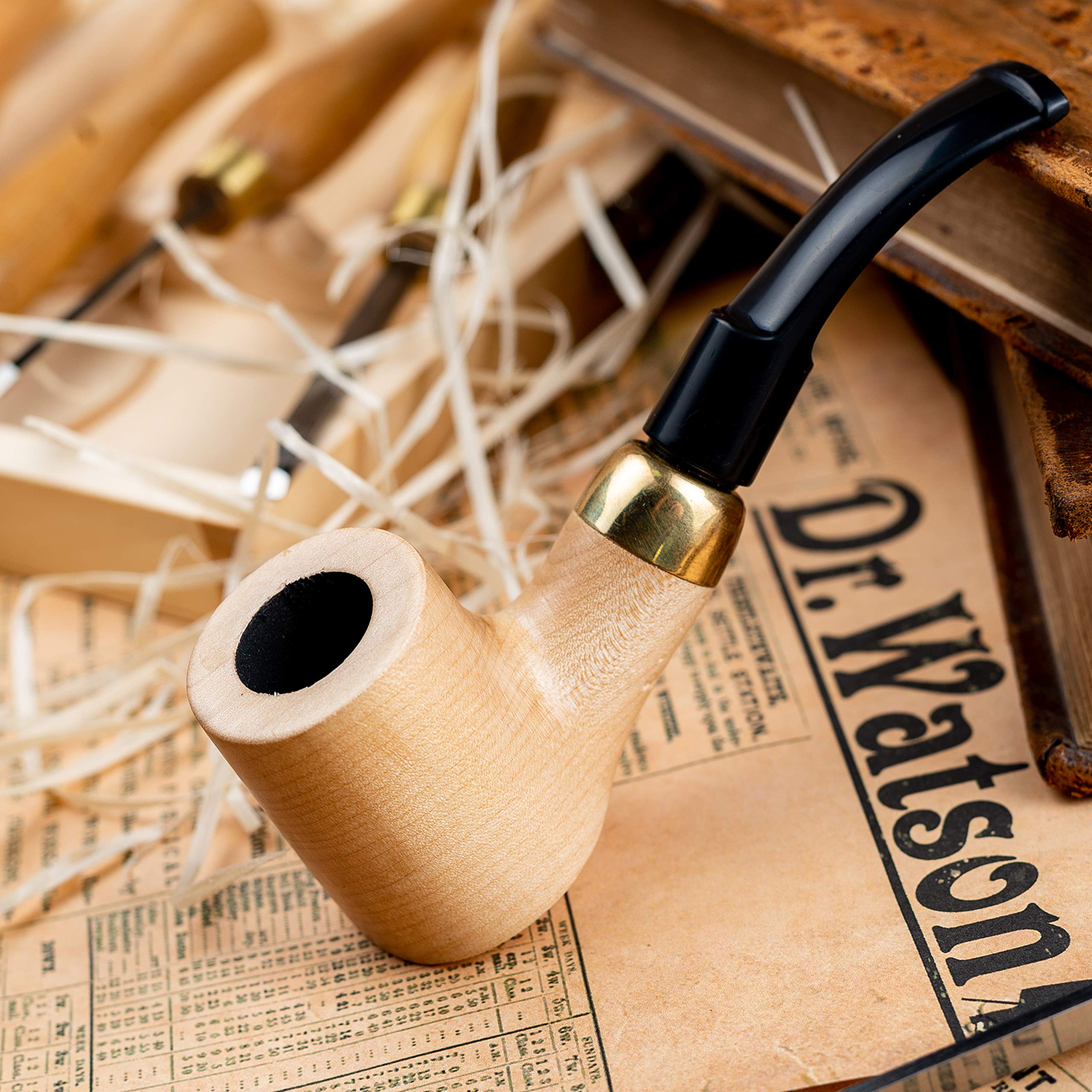 Dr. Watson - Wooden Tobacco Pipe, classic Cherrywood shape, Fits 9mm filter, Comes with Pouch, Boxed (Natural)