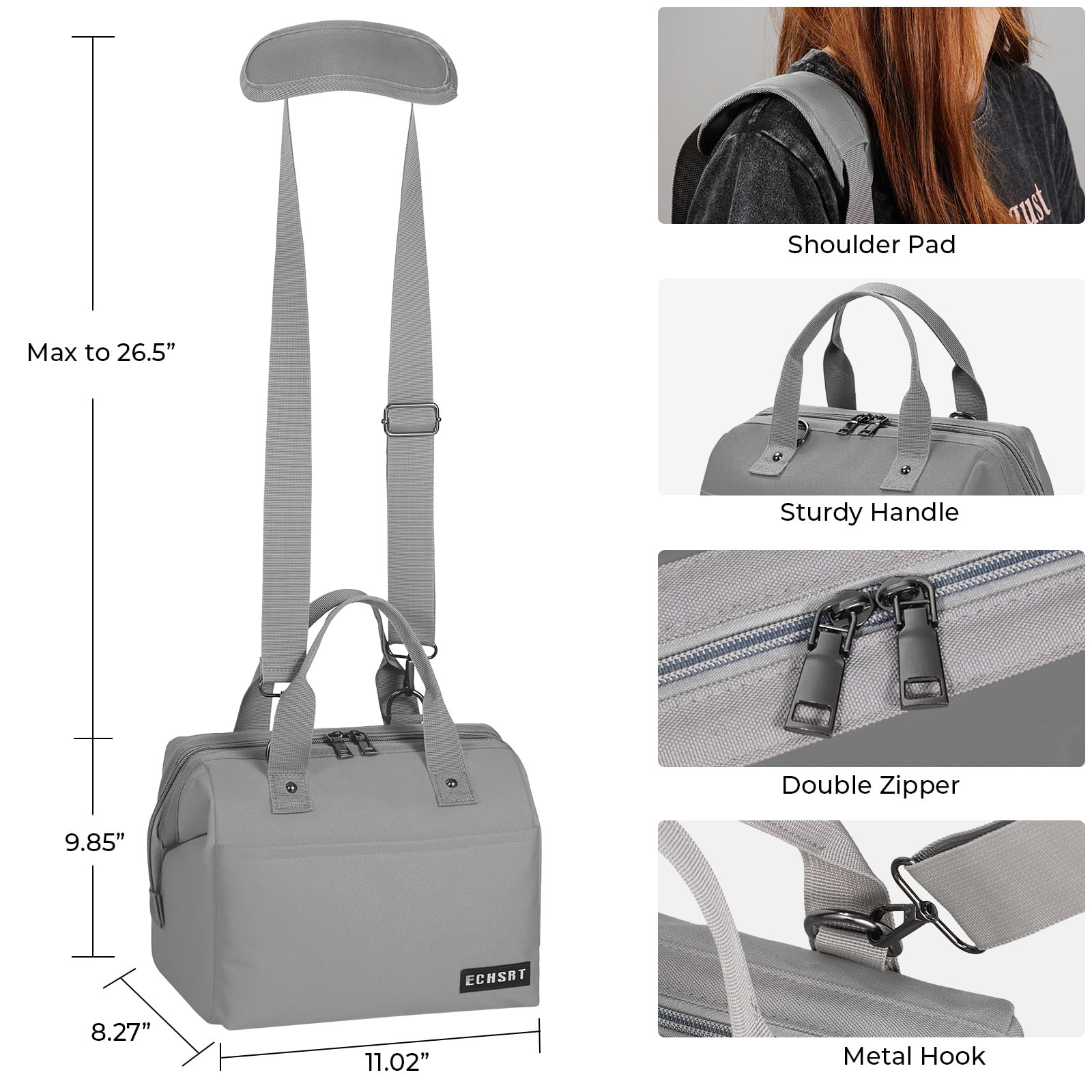 ECHSRT Insulated Lunch Bag Women/Men, 10L Reusable Lunch Tote Bag with Adjustable Shoulder Strap, Leakproof Lunch Box Cooler for Work Office - Wide Open Lunchbox Grey Lunchbag