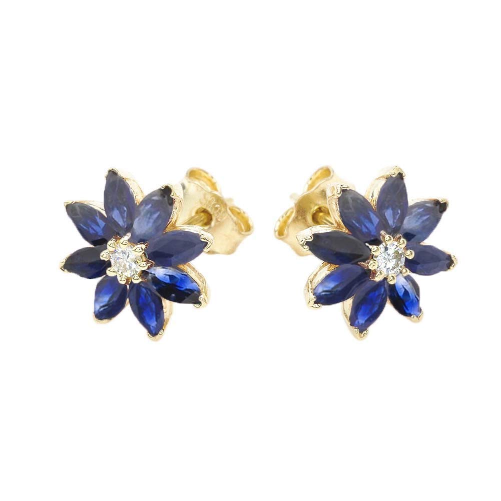 Exotic 14k Yellow Gold Daisy Diamond and Genuine Sapphire Flower Stud Earrings
