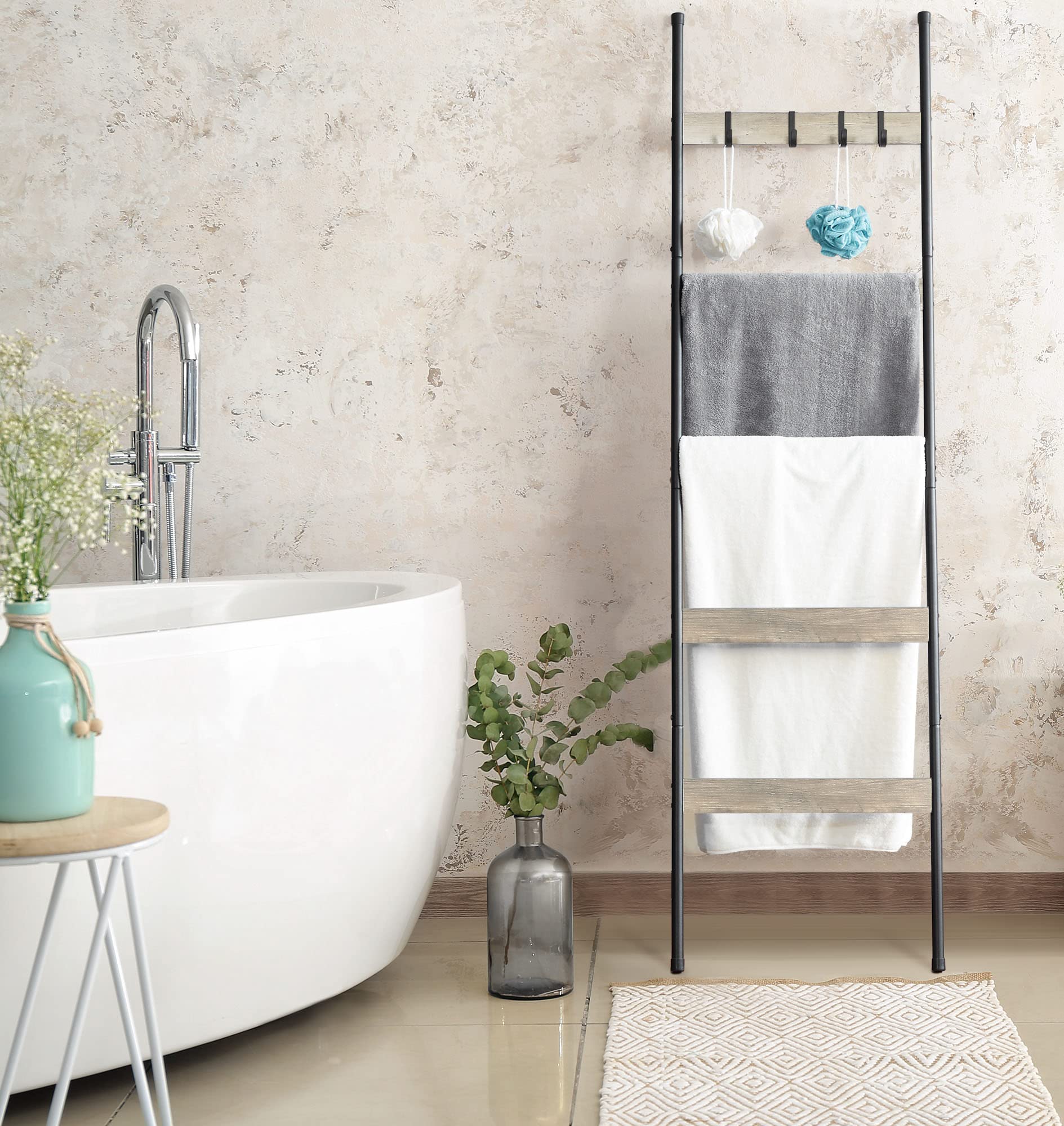 ELYKEN Blanket Ladder for Living Room, Farmhouse 5 -Tier Quilt Holder with 4 Removable Hooks for Bathroom, Wood Towel Rack Display, Wall Anchor Leaning Decorative Stand for Home Decor, White Oak